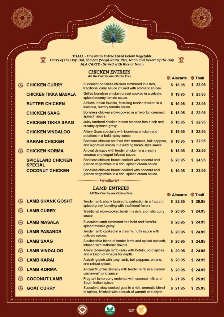 Menu - Spiceland Indian Restaurant, Bend, Oregon 97703